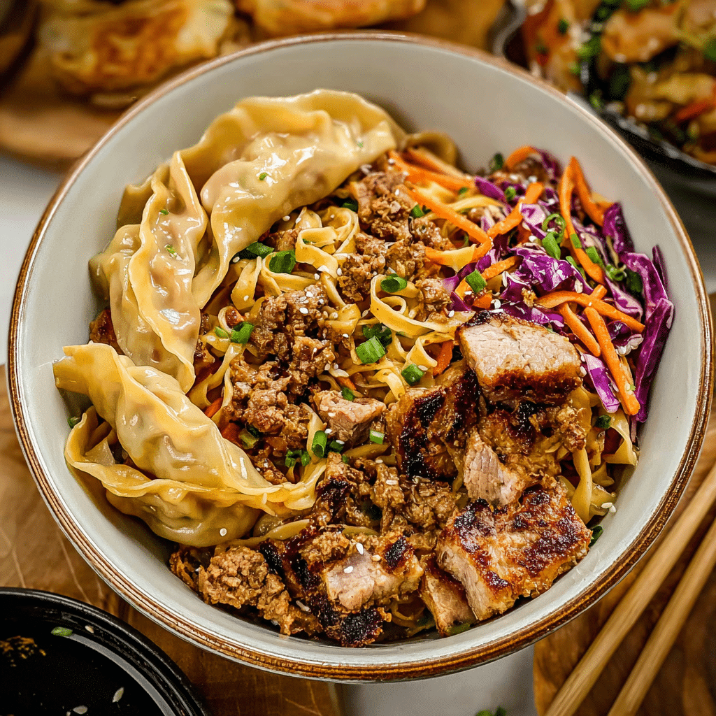 Potsticker Noodle Bowl with Pork & Cabbage Slaw